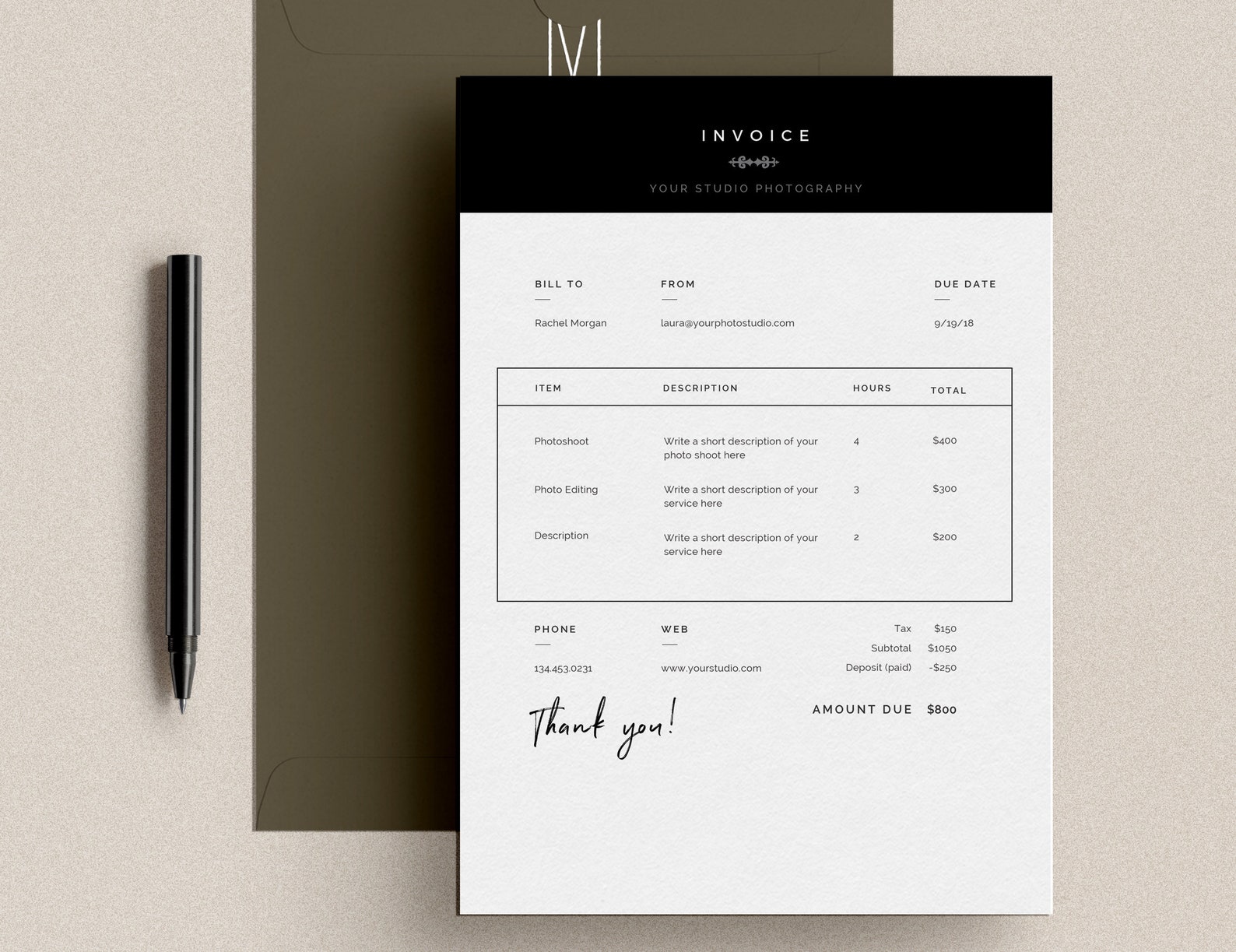 Modern Black & White Invoice Template 8.5x11 Photography - Etsy
