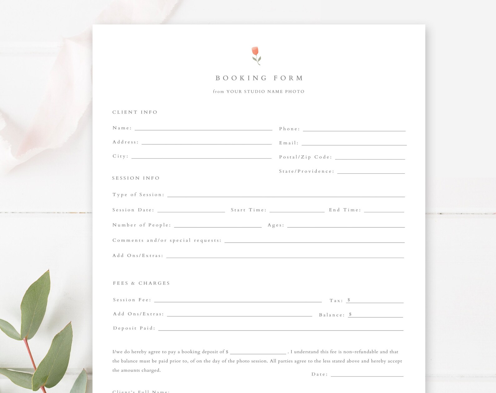 Photography Booking Form Template Sign-up Form Photography - Etsy