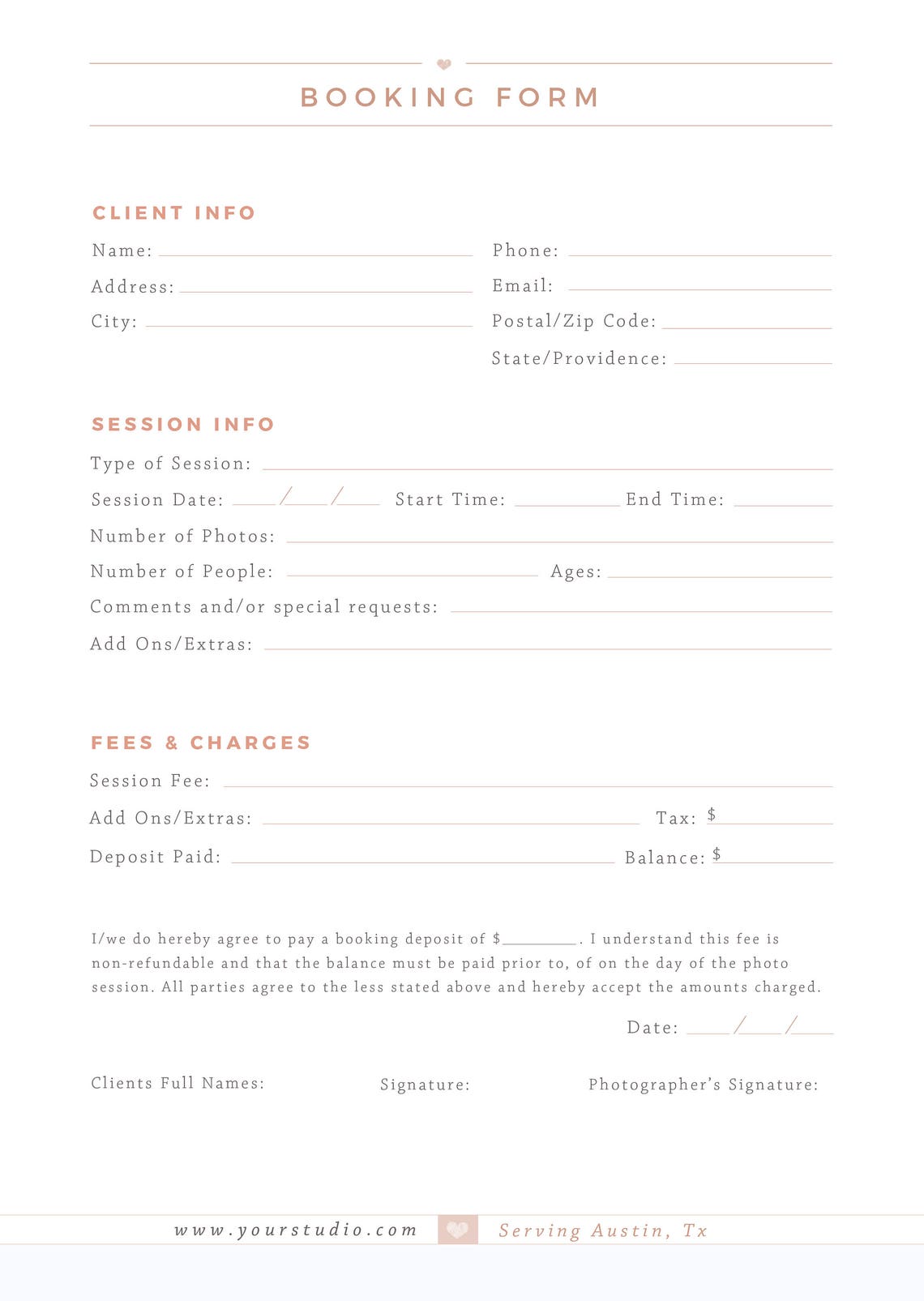 Client Booking Form for Photographers Photography Contract - Etsy