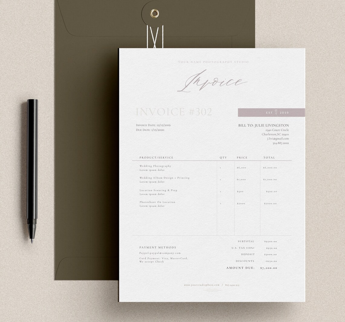 Invoice Design Receipt Photography Invoice for Photoshop and - Etsy