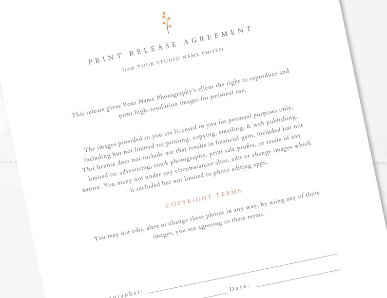 Print Release Template for Photographers Photo Print Release - Etsy