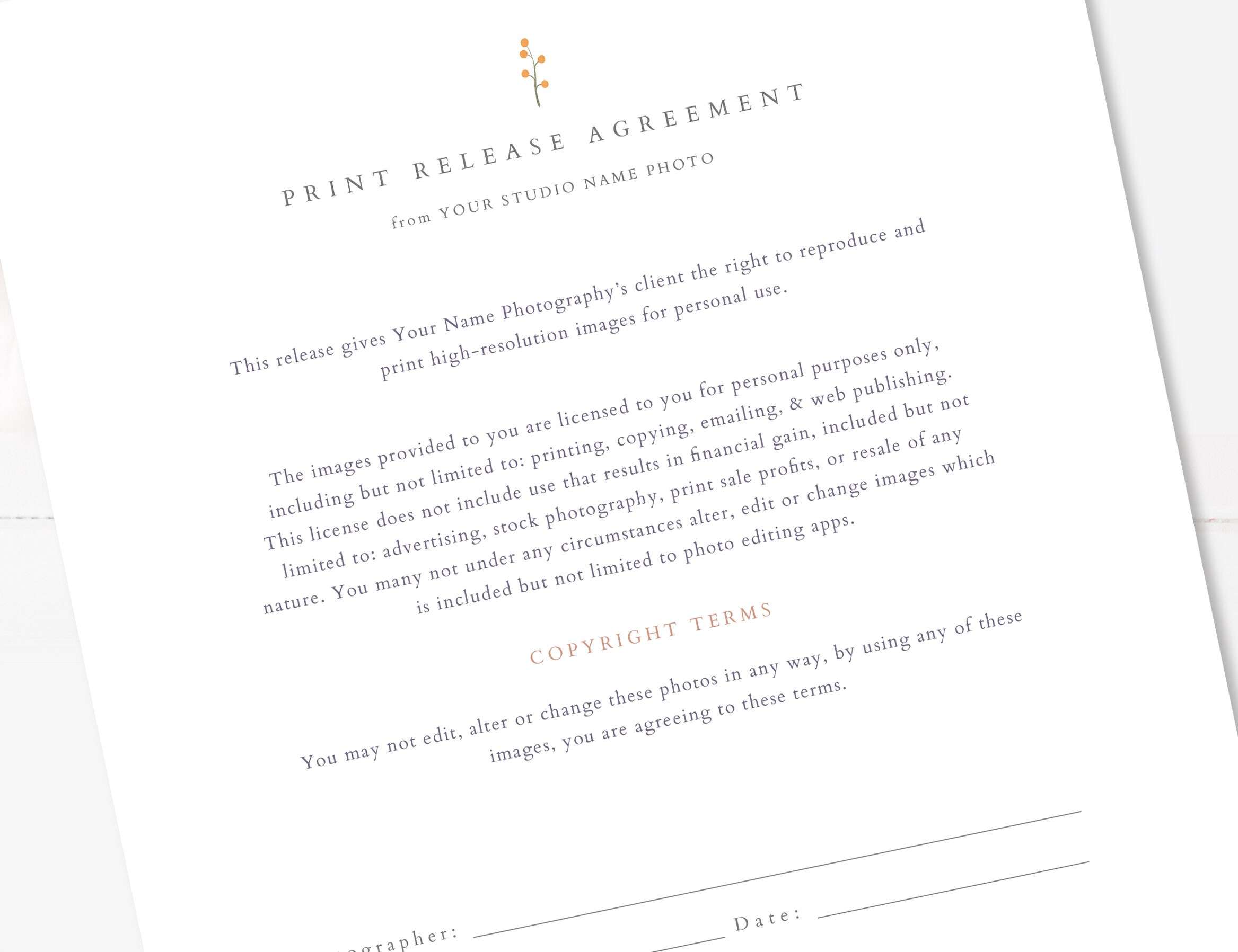 Print Release Template for Photographers Photo Print Release | Etsy