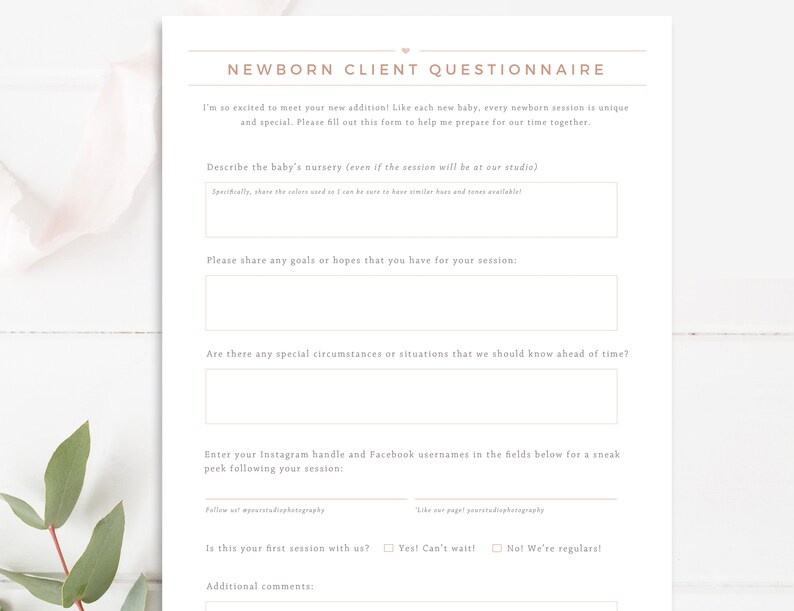 Newborn Session Questionnaire Pre-session Questionnaire | Etsy