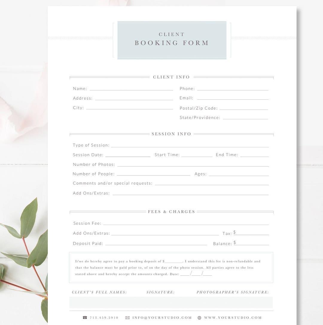 Client Booking Form, Business Forms for Photographers, Photoshop ...