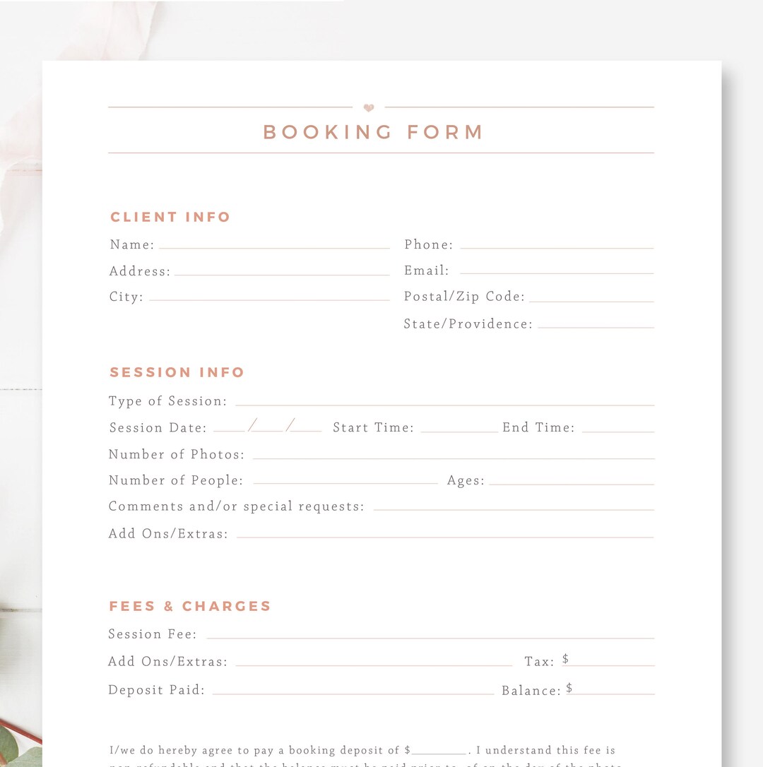 Client Booking Form for Photographers, Photography Contract, Templates ...