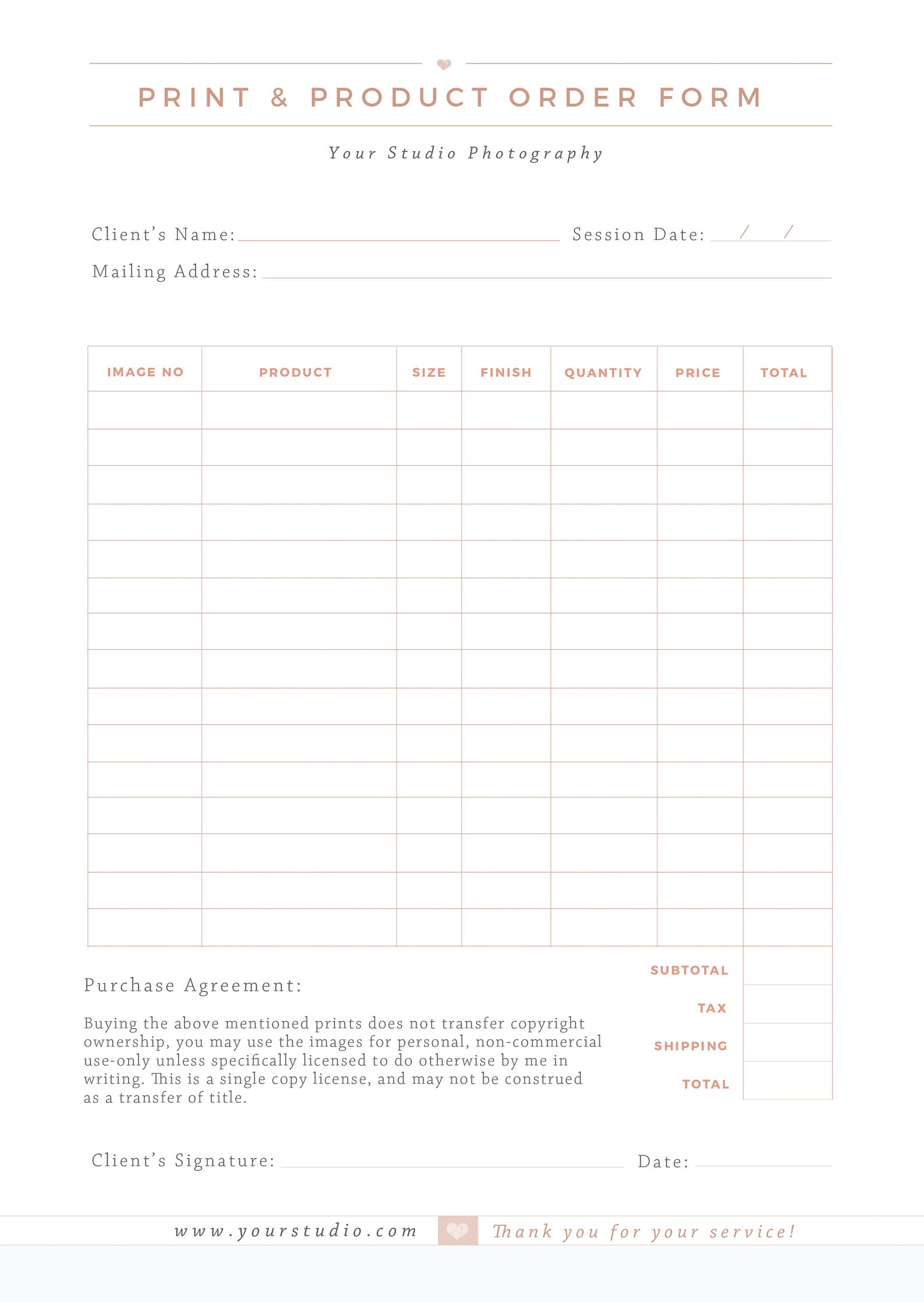 INSTANT DOWNLOAD Photography Order Form Template for - Etsy