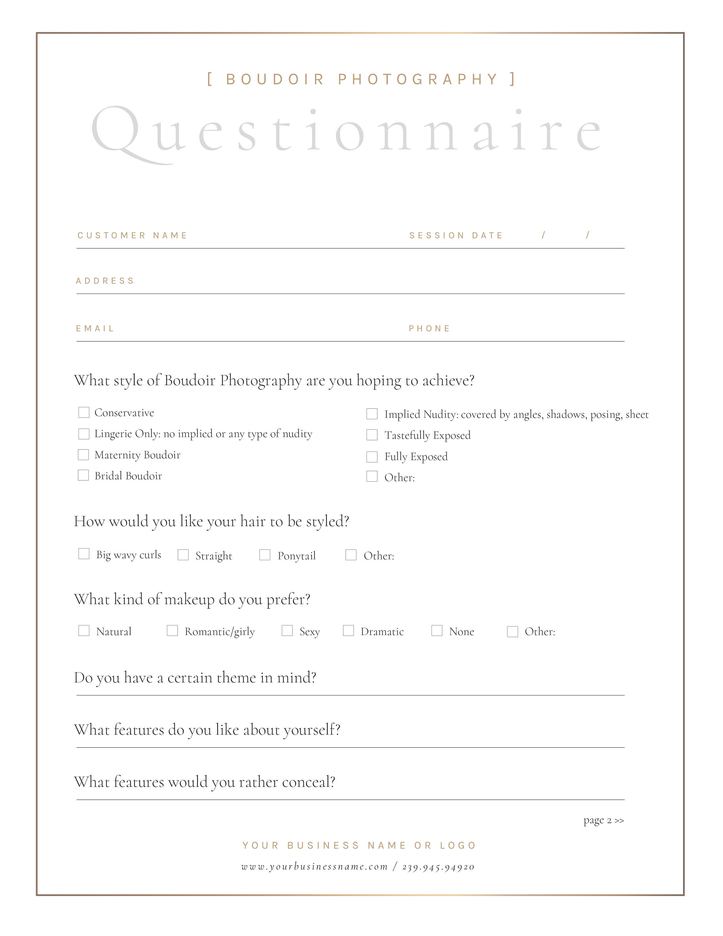 Boudoir Photography Questionnaire Boudoir Questionnaire - Etsy España
