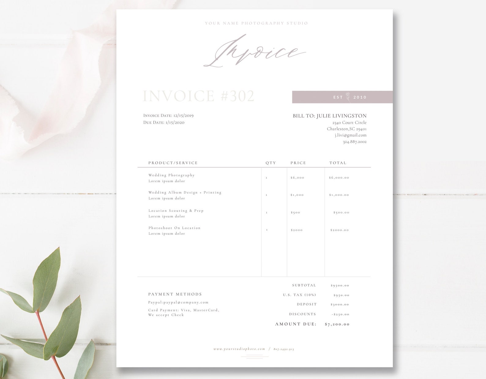 Invoice Design Receipt Photography Invoice for Photoshop and - Etsy