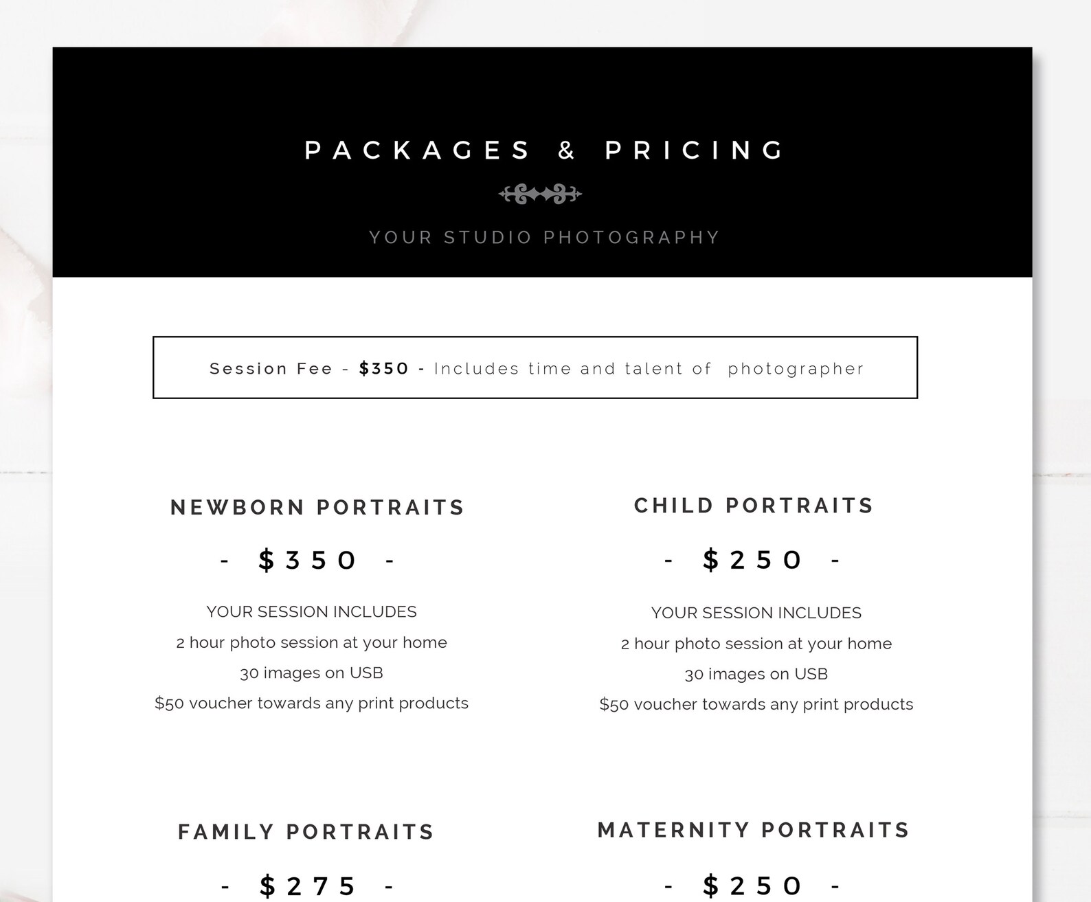 Luxe Photography Pricing Guide Photoshop and Canva | Etsy
