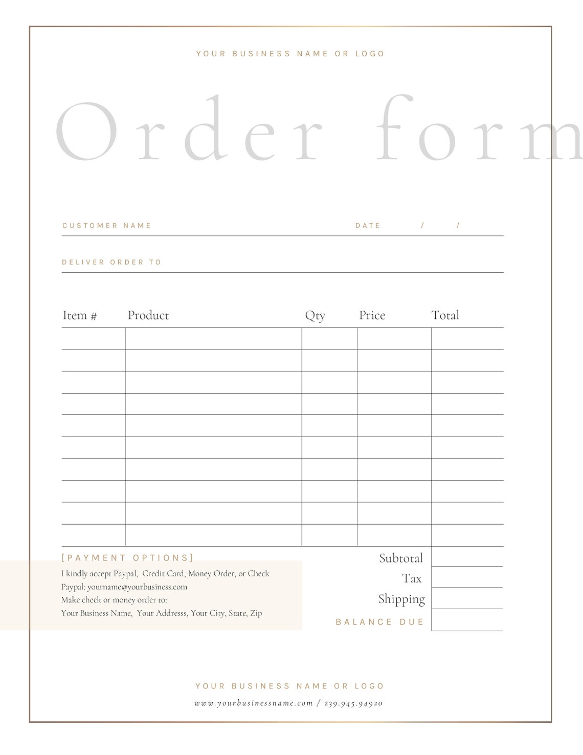 Order Form Template Retail Order Form Simple Invoice Custom | Etsy