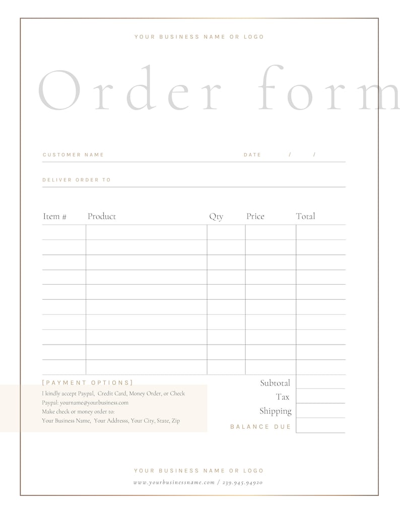 Order Form Template Retail Order Form Simple Invoice Custom - Etsy