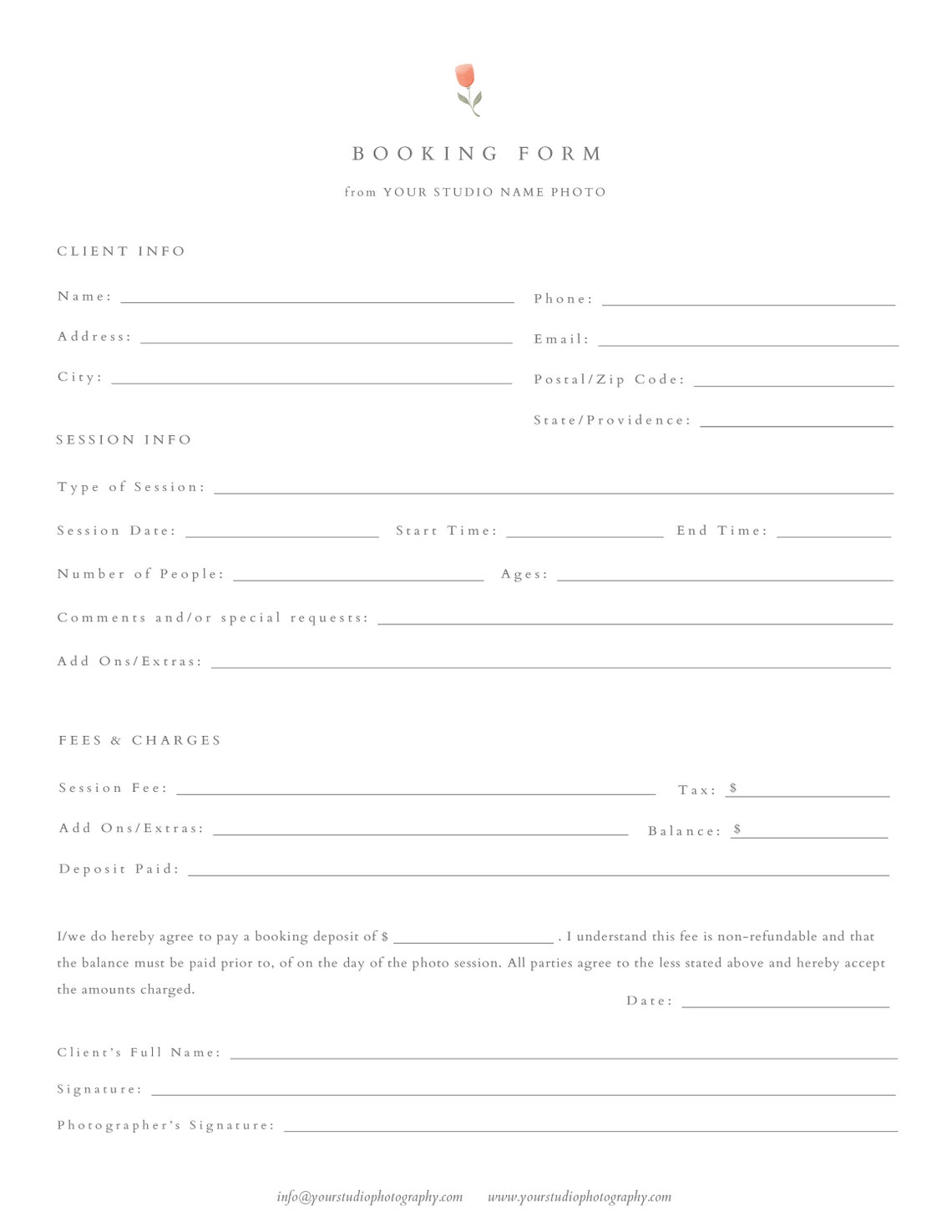 Photography Booking Form Template Sign-up Form Photography - Etsy