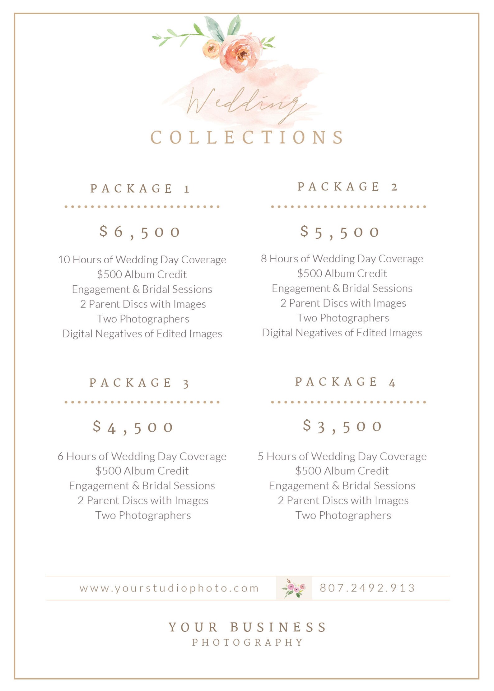 Photography Price List Template Wedding Price Sheet Etsy