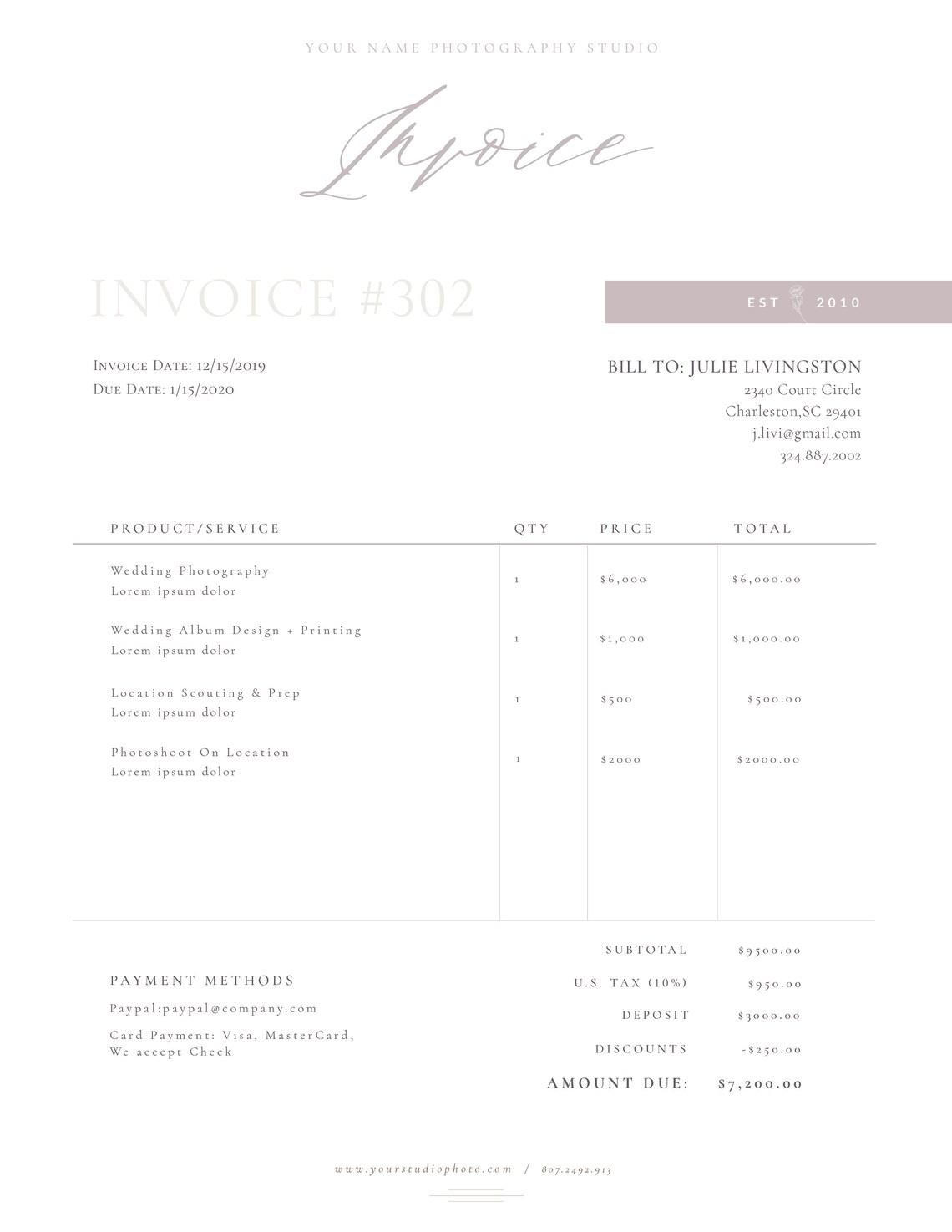 Invoice Design Receipt Photography Invoice for Photoshop and - Etsy
