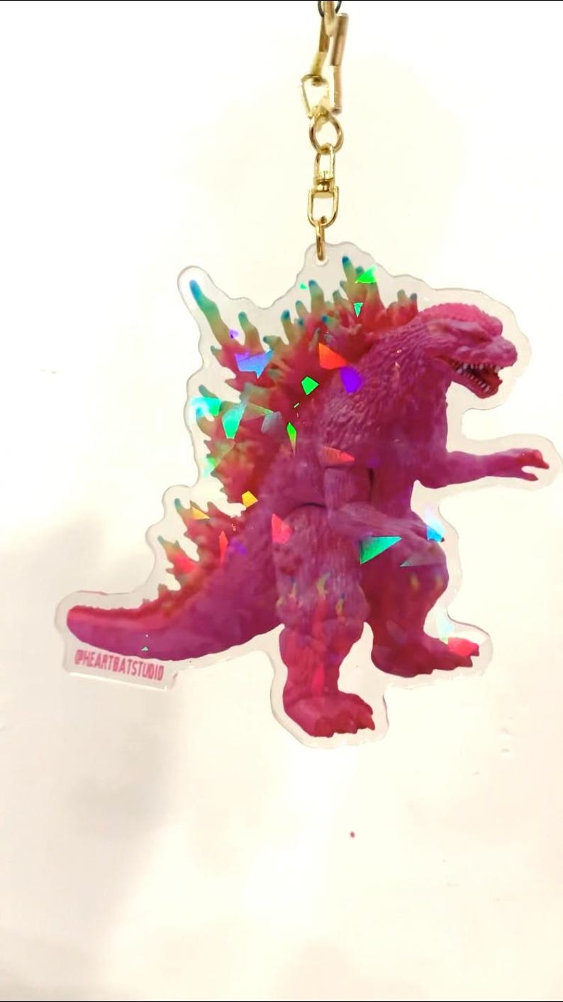 Godzilla Keychain – Pink Kaiju Kawaii Monster - Glitter Acrylic Charm ...