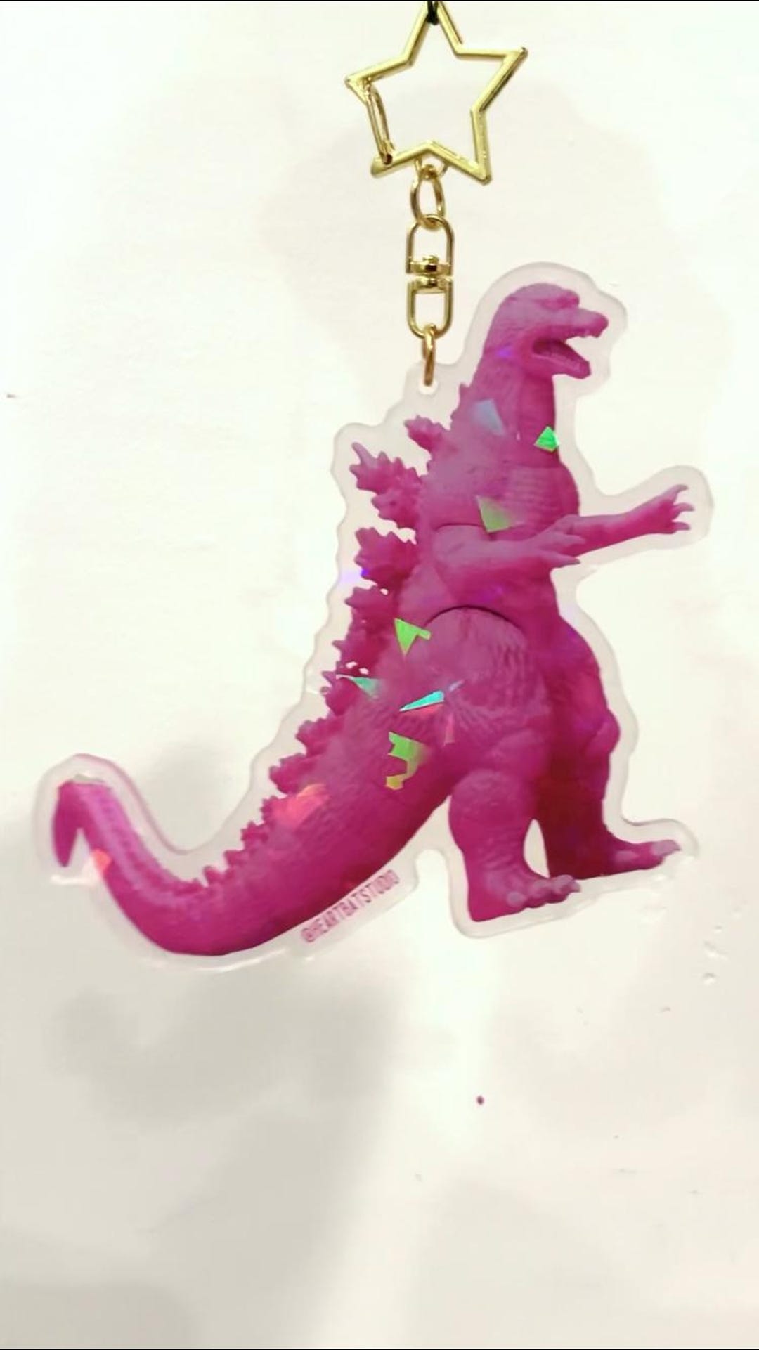 Holographic Acrylic Godzilla Keychain – Pink Kaiju, Gold Star Charm - Etsy