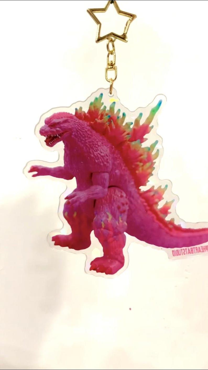 Godzilla Keychain – Pink Kaiju Kawaii Monster - Glitter Acrylic Charm ...