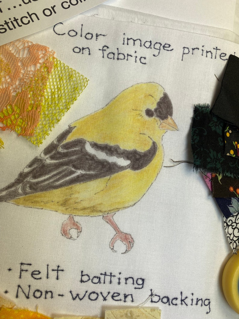 Fabric Collage KIT Bird Slow Stitch Goldfinch Kit DIY Appliqué Hand ...