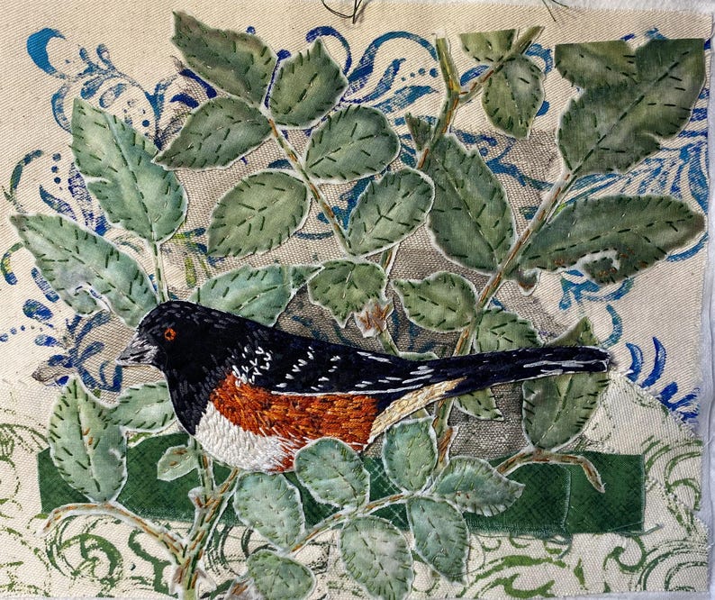 Bird Sewing Kit Fabric Collage Towhee Slow Stitch Bird Appliqué Gift ...