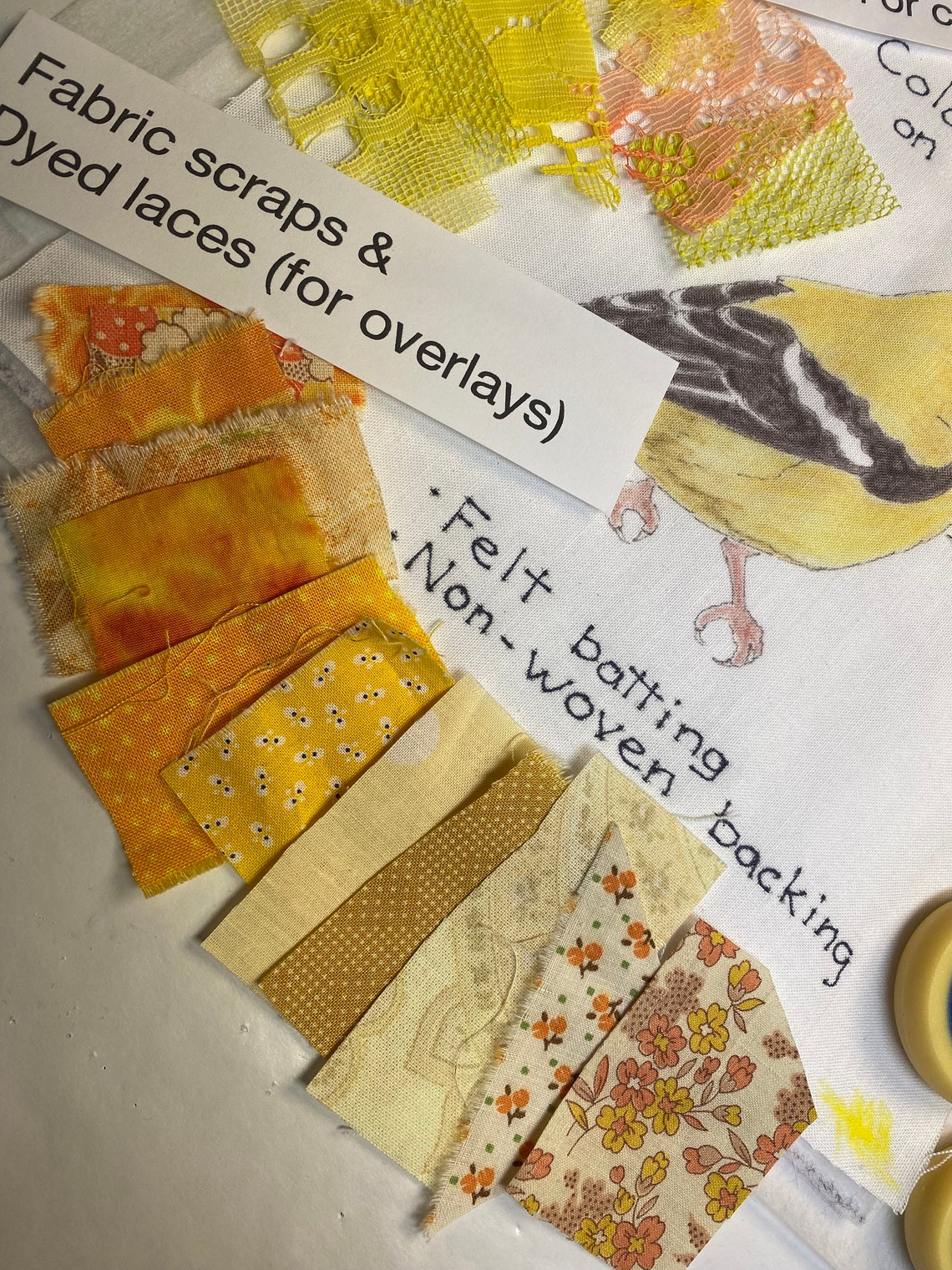 Fabric Collage KIT Bird Slow Stitch Goldfinch Kit DIY Appliqué Hand ...