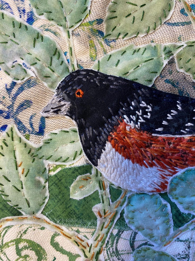 Bird Sewing Kit Fabric Collage Towhee Slow Stitch Bird Appliqué Gift ...