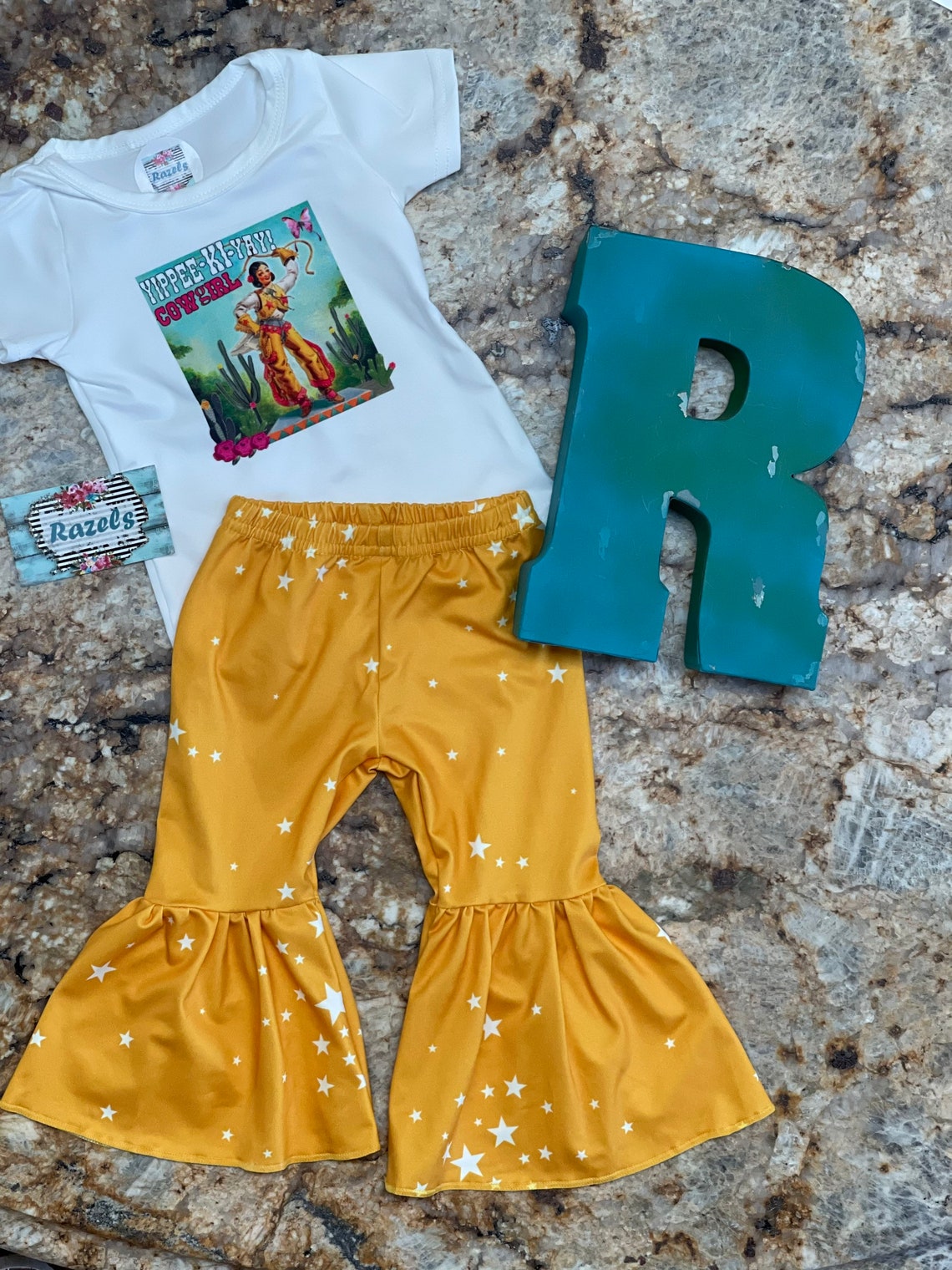 Yippee Ki Yay Cowgirl Bell Bottom Outfit Mustard Yellow Star | Etsy
