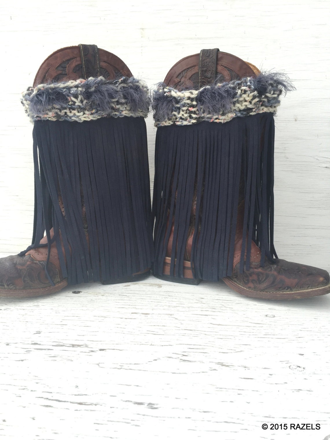 Cowhide Boot Covers BLUE LEATHER FRINGE Boot Covers Cowgirl | Etsy