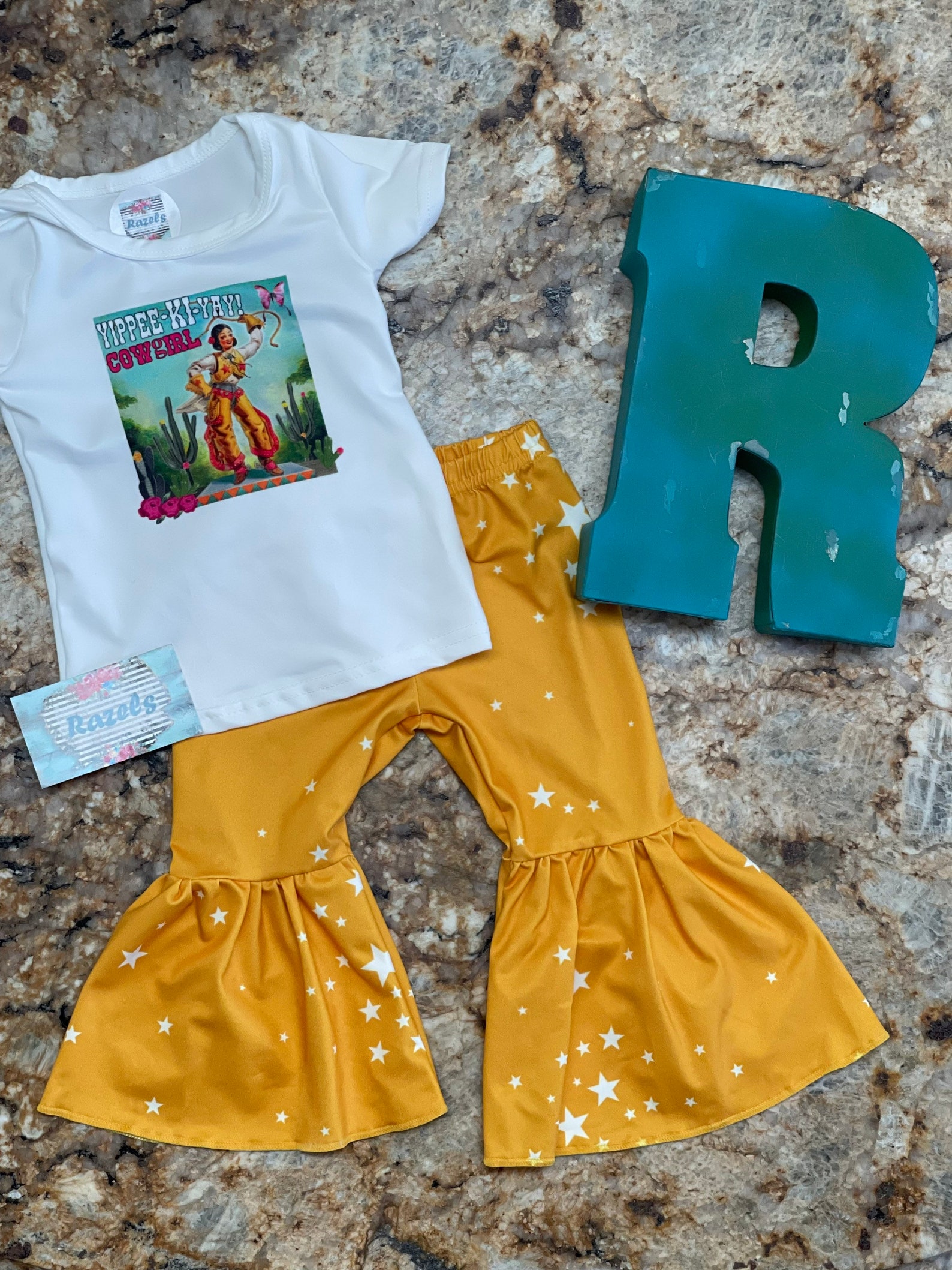 Yippee Ki Yay Cowgirl Bell Bottom Outfit Mustard Yellow Star | Etsy