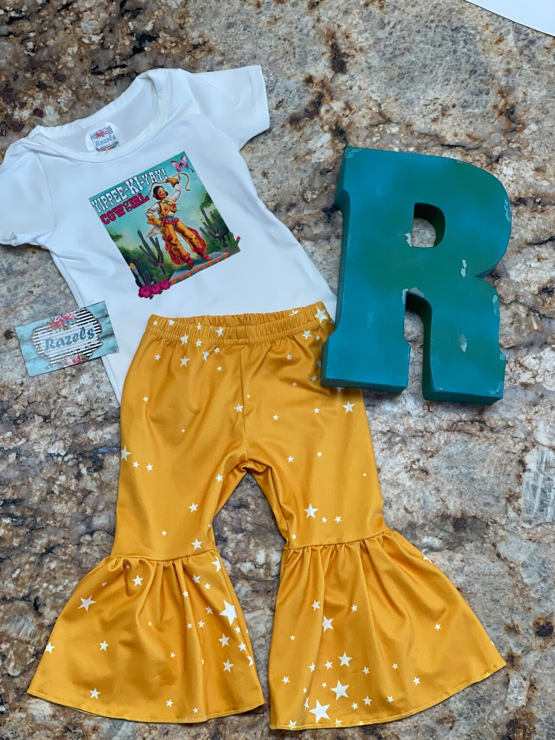 Yippee Ki Yay Cowgirl Bell Bottom Outfit Mustard Yellow Star | Etsy