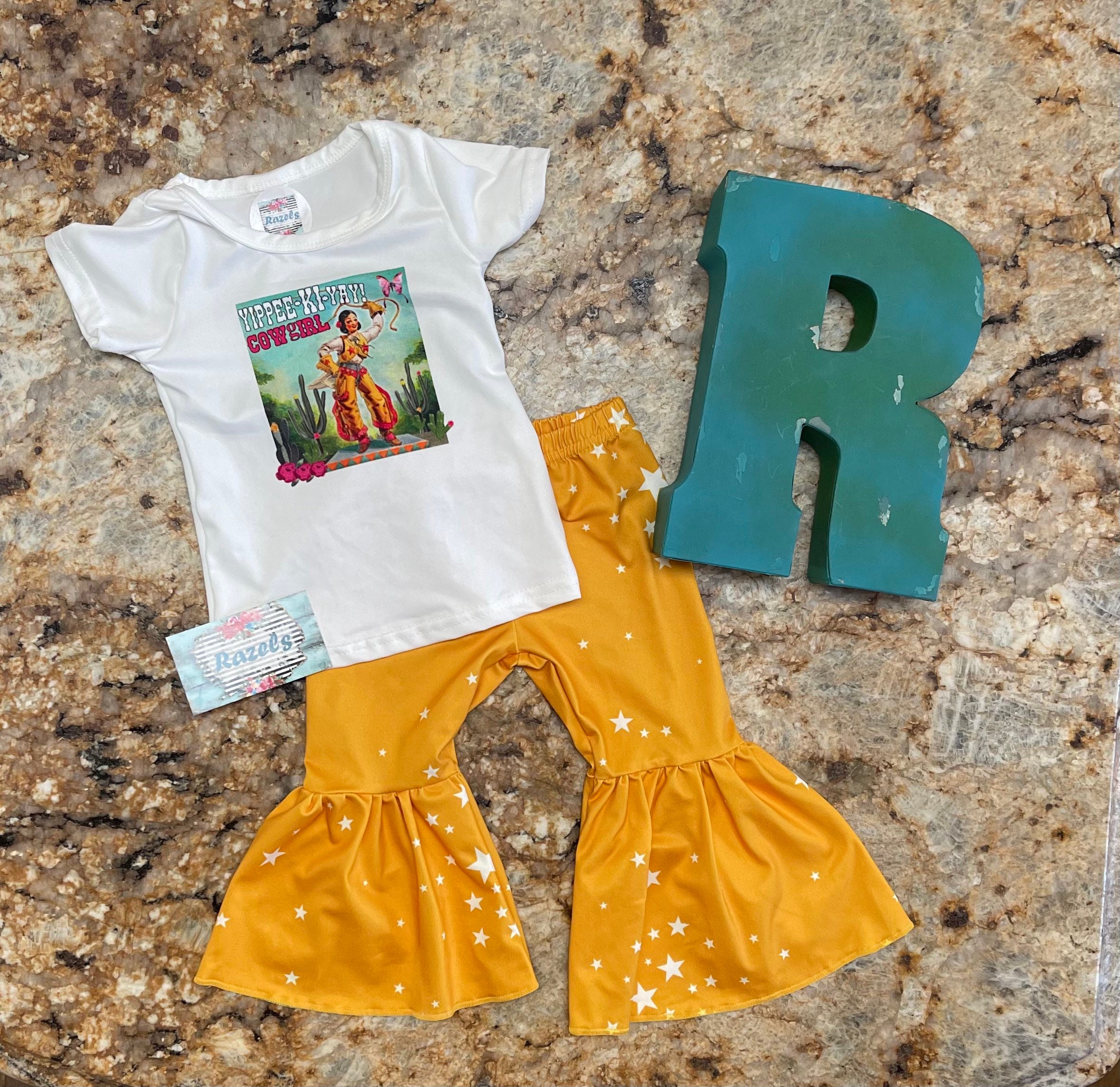 Yippee Ki Yay Cowgirl Bell Bottom Outfit Mustard Yellow Star | Etsy