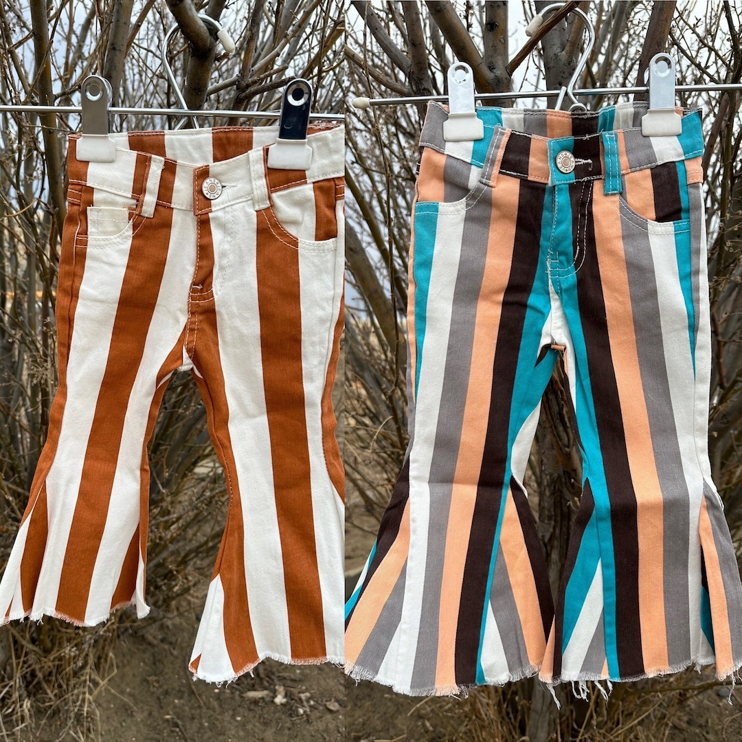 Girls' Striped Bell Bottom Jeans: Stretchy Frayed Denim - Etsy