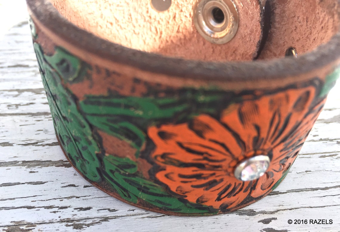 Upcycled Leather Flower Cuff Bracelet: Hand-painted Floral Design - Etsy