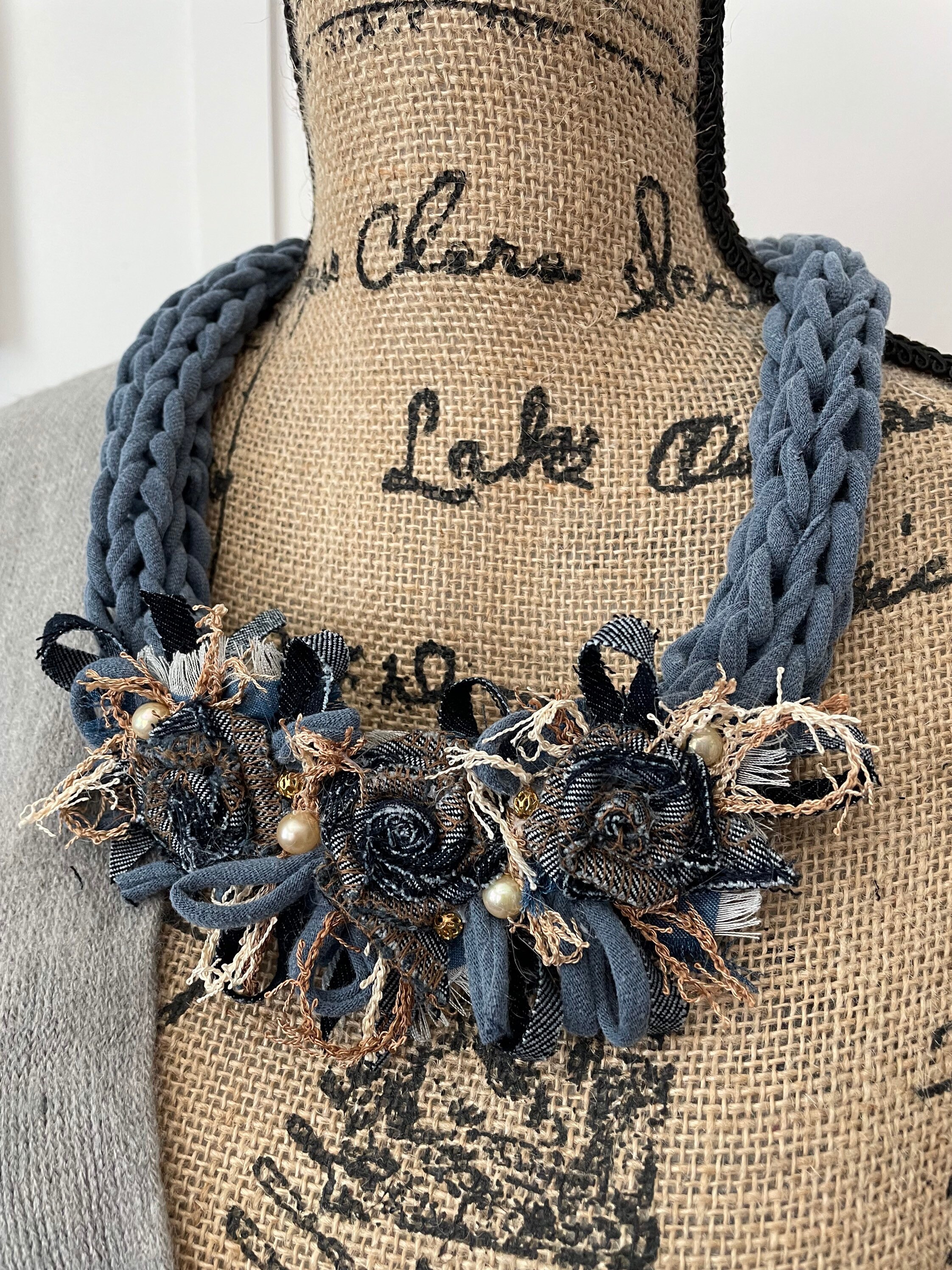 Blue Denim Scarf Jeans Necklace Fabric Jewelry Textile Denim Necklace ...
