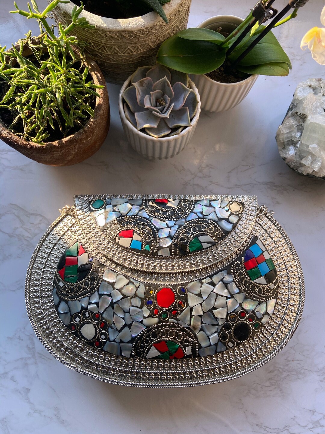 Gaia - Silver Metal Bag - Silver Pearl Bag - Mother of Pearl Bag - Boho ...