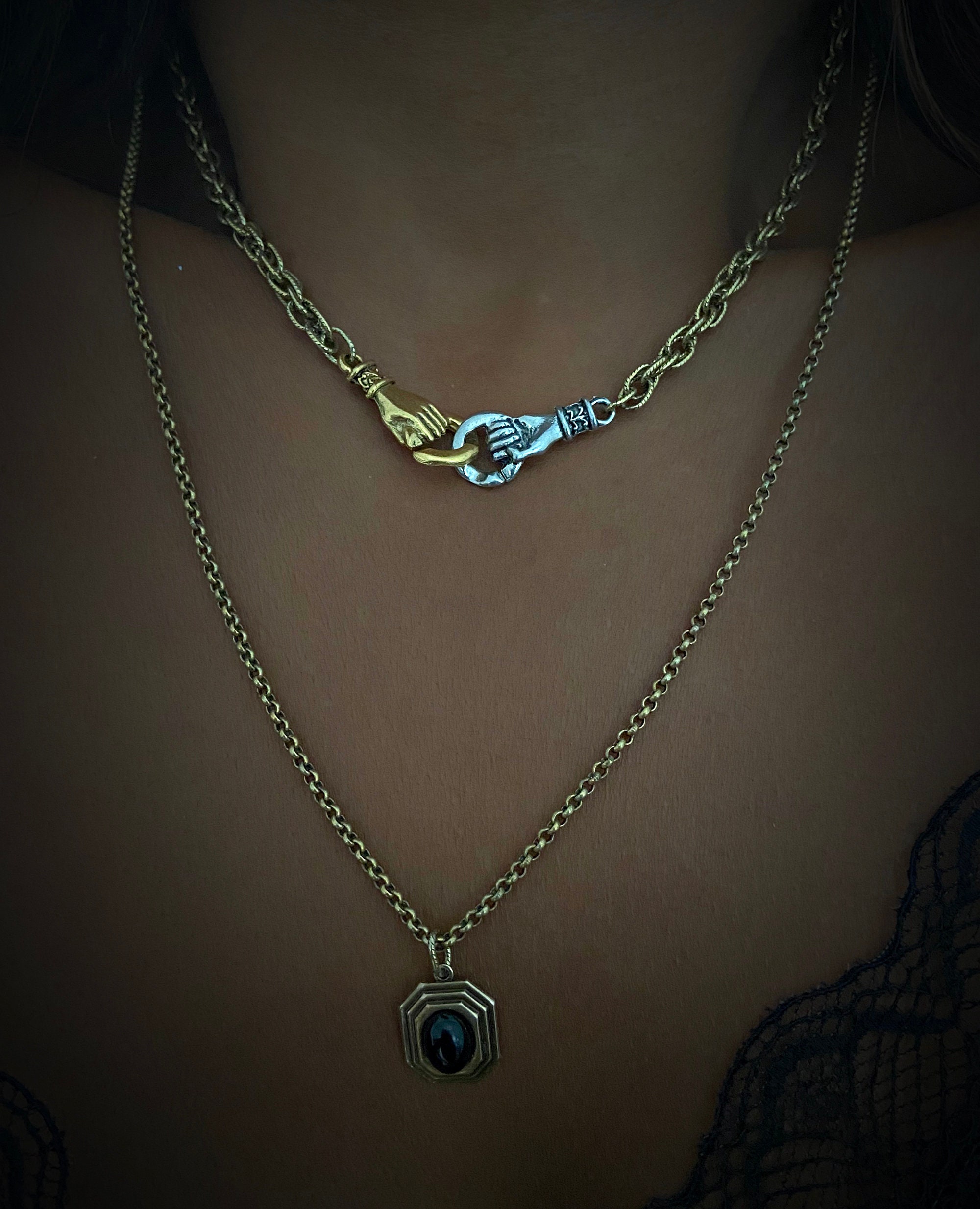 Mixed Metal Interlocking Hands Necklace | Etsy