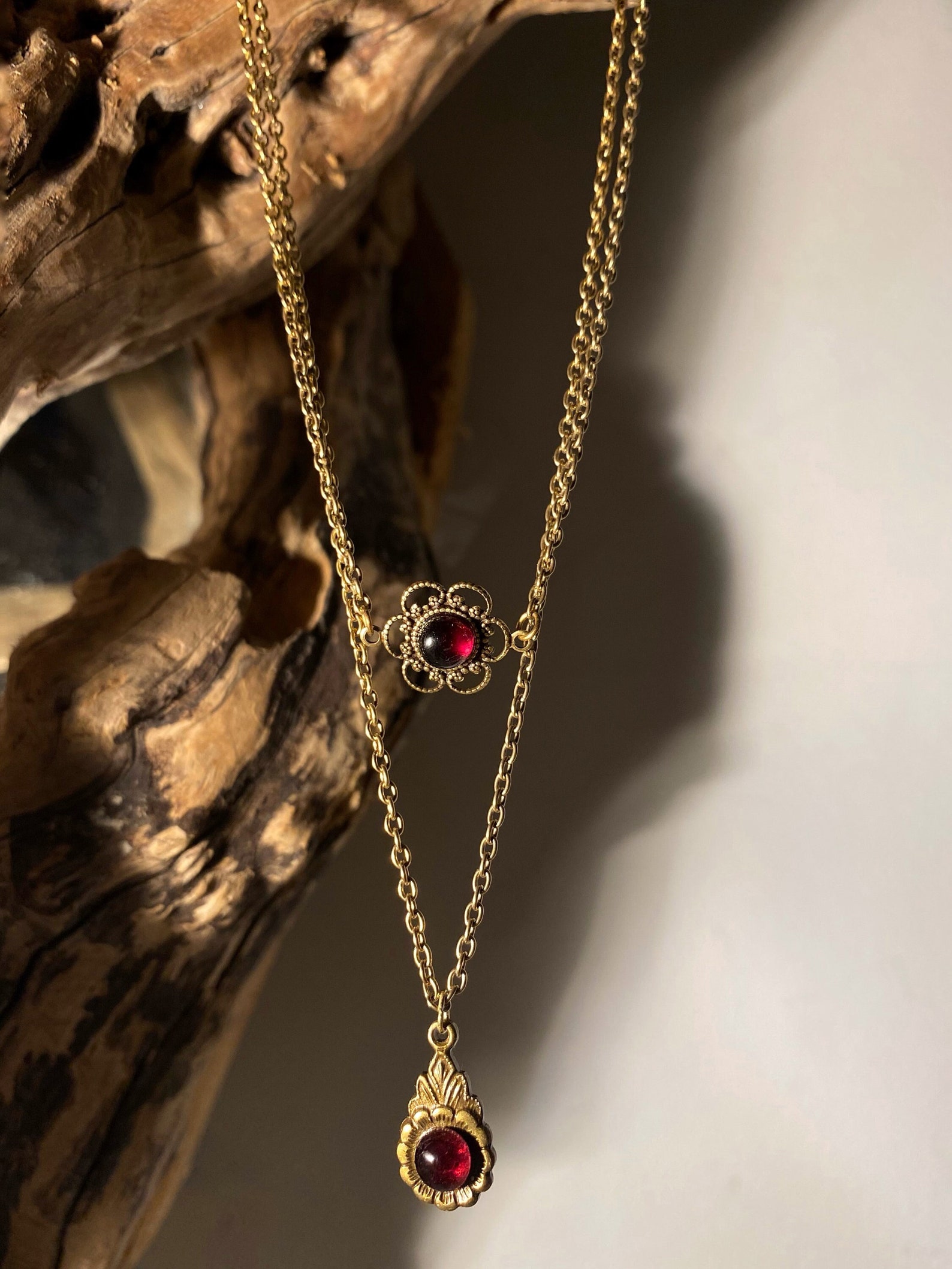 Arabella - Antique Gold Garnet Necklace - Gold Garnet Necklace ...