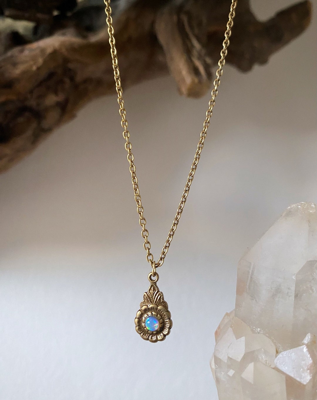 Arabella - Antique Gold Opal Necklace - Gold Opal Necklace - October ...