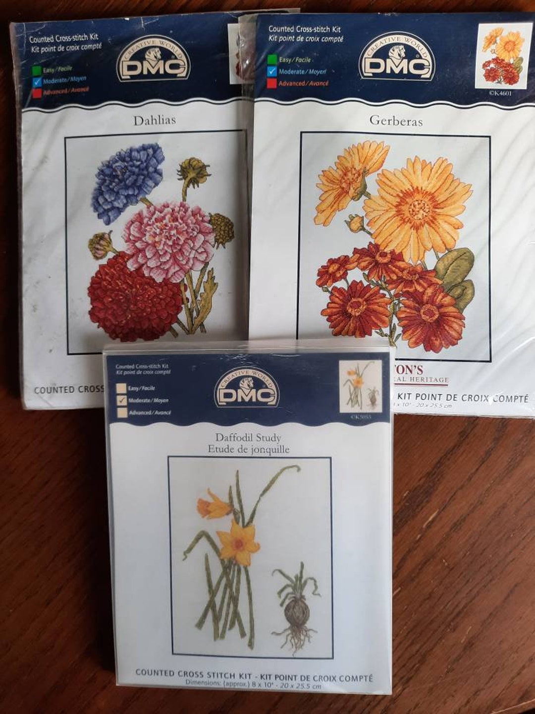 Flower Counted Cross Stitch Kits, DMC, Daffodils, Gerberas, Dahlias, Embroidery Kit, Needlepoint ...