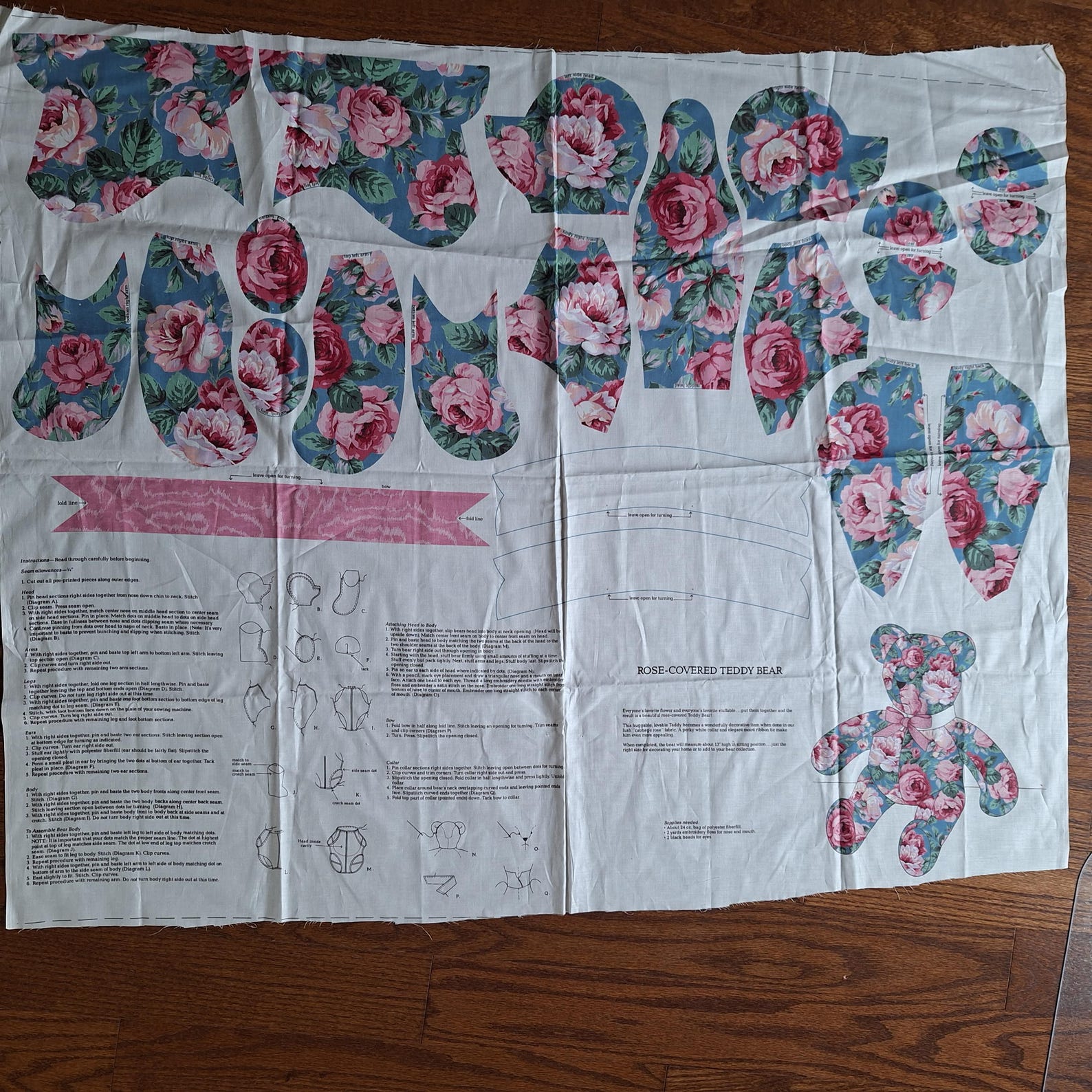Stuffed Toy Fabric Panels, Choice of Rose-covered Teddy Bear or ...