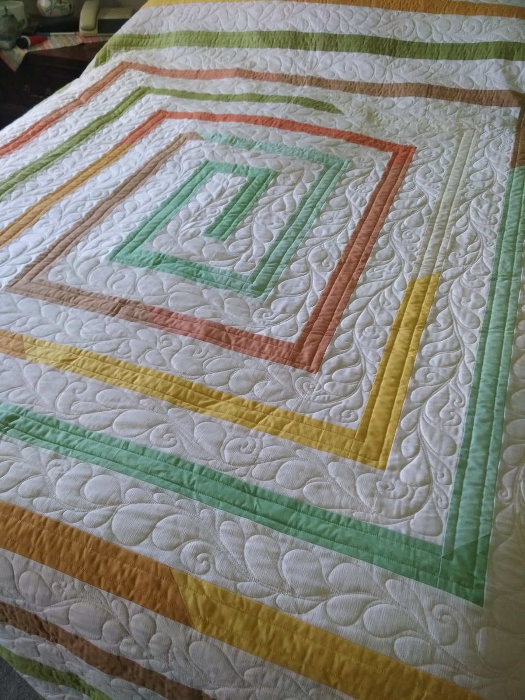 Double or Queen Bed Quilt, Feather Boa, Jelly Roll Quilt, Soft Muted ...