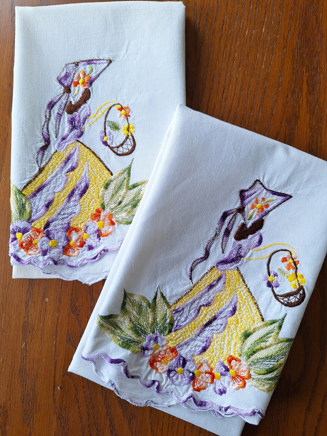 Machine Embroidered Pillow Case Pair, Vintage, Lady With Basket, Some ...