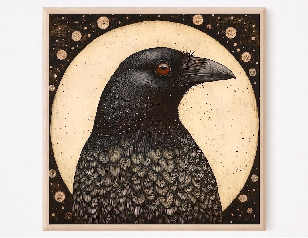 Crow With the Moon Art Print, Black Crow Raven, Crow Art in Folk Art ...