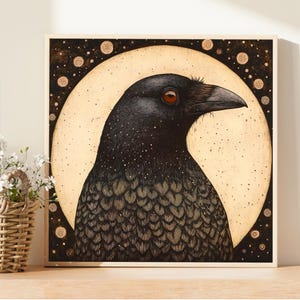 Crow With the Moon Art Print, Black Crow Raven, Crow Art in Folk Art ...