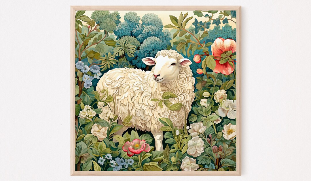Sheep Art Print, Sheep in Garden Painting, Vintage Sheep Painting Print ...