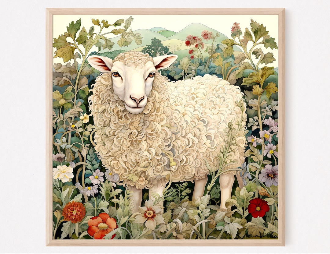 Sheep Art Print, Sheep in Garden Painting, Vintage Style Sheep Wall Art ...