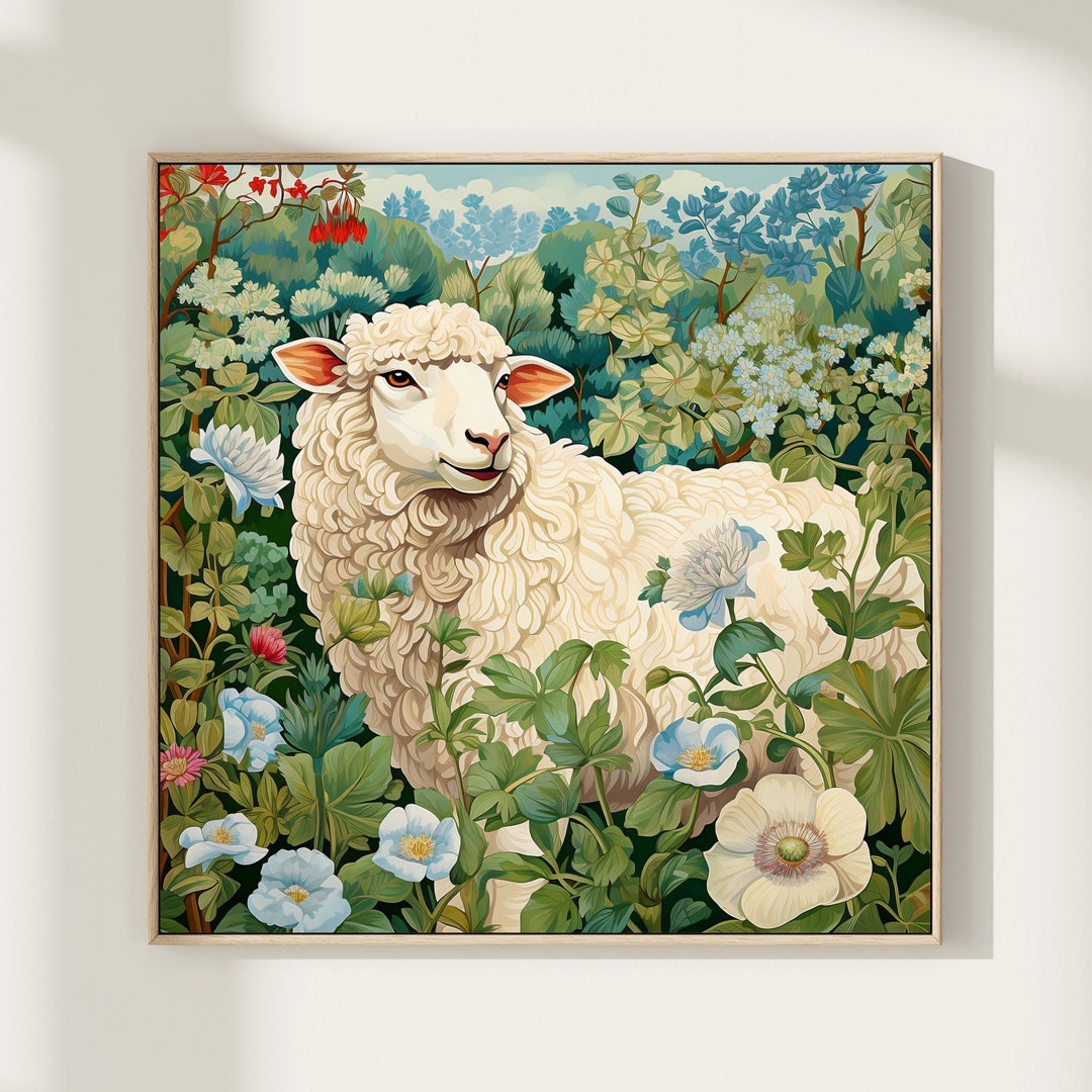 Sheep Art Print, Sheep in Garden Painting, Vintage Sheep Painting Print ...
