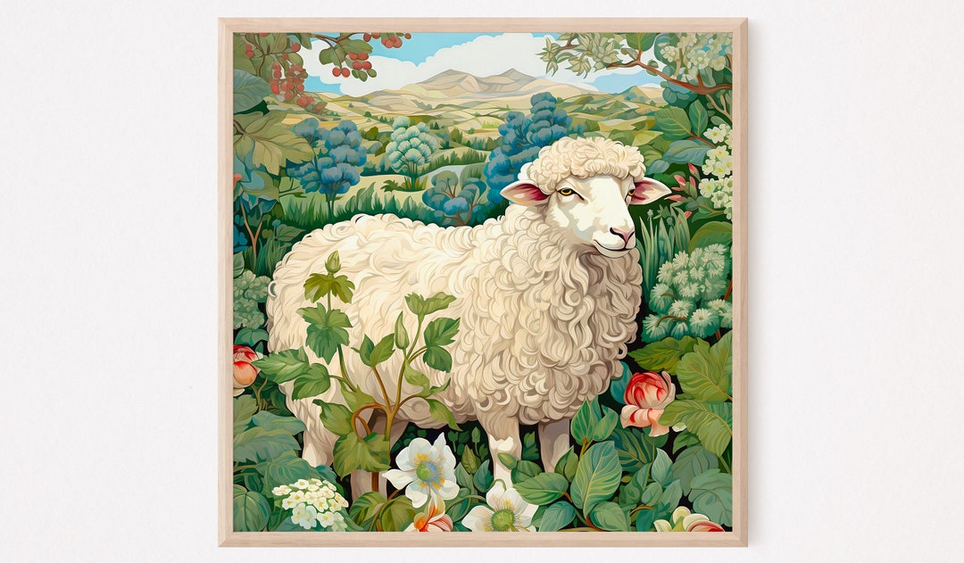 Sheep Art Print, Sheep in Garden Painting, Vintage Sheep Painting Print ...