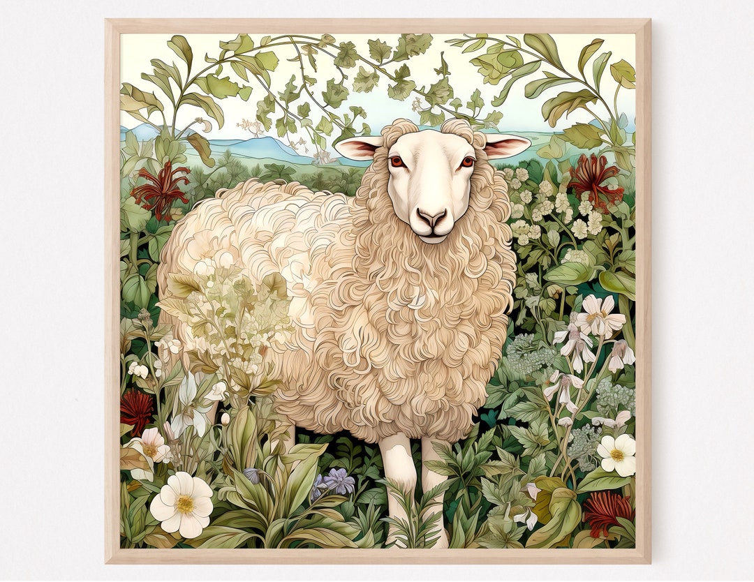 Sheep Art Print, Sheep in Garden Painting, Vintage Style Sheep Wall Art ...