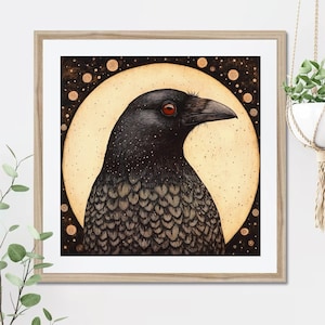 Crow With the Moon Art Print, Black Crow Raven, Crow Art in Folk Art ...