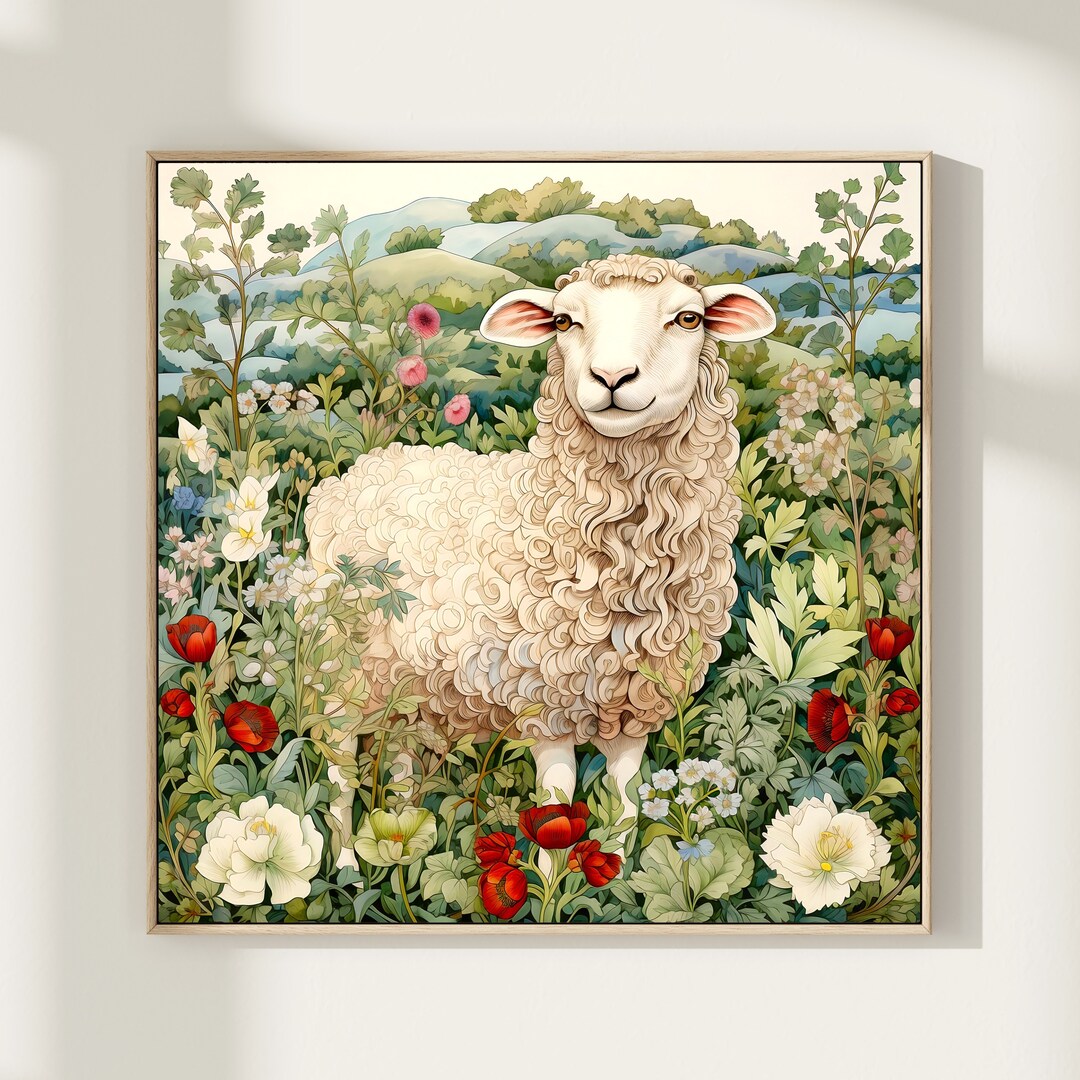Sheep Art Print, Sheep in Garden Painting, Vintage Sheep Painting Print ...